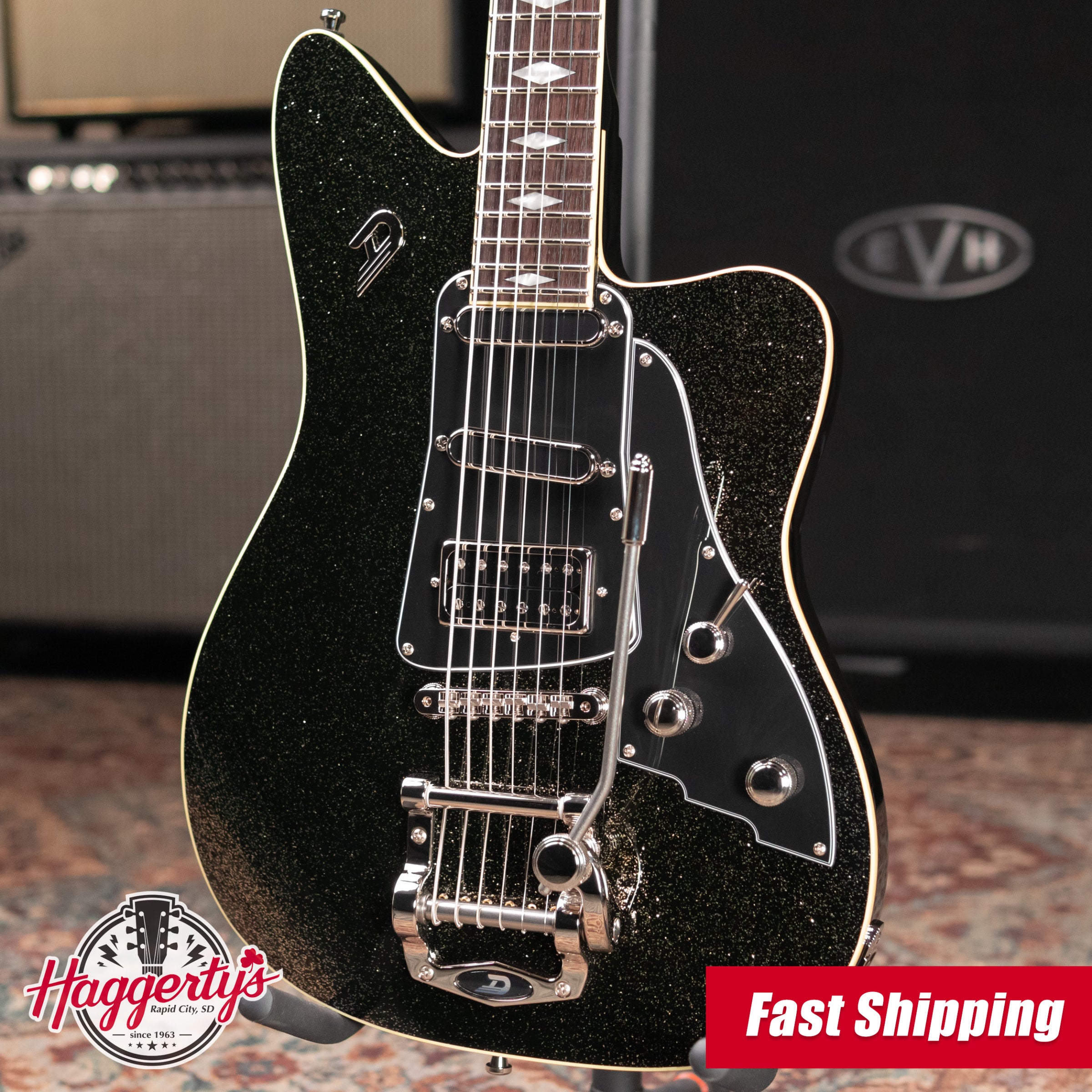 Duesenberg Paloma Baritone Electric Guitar - Black Sparkle with Gig Ba