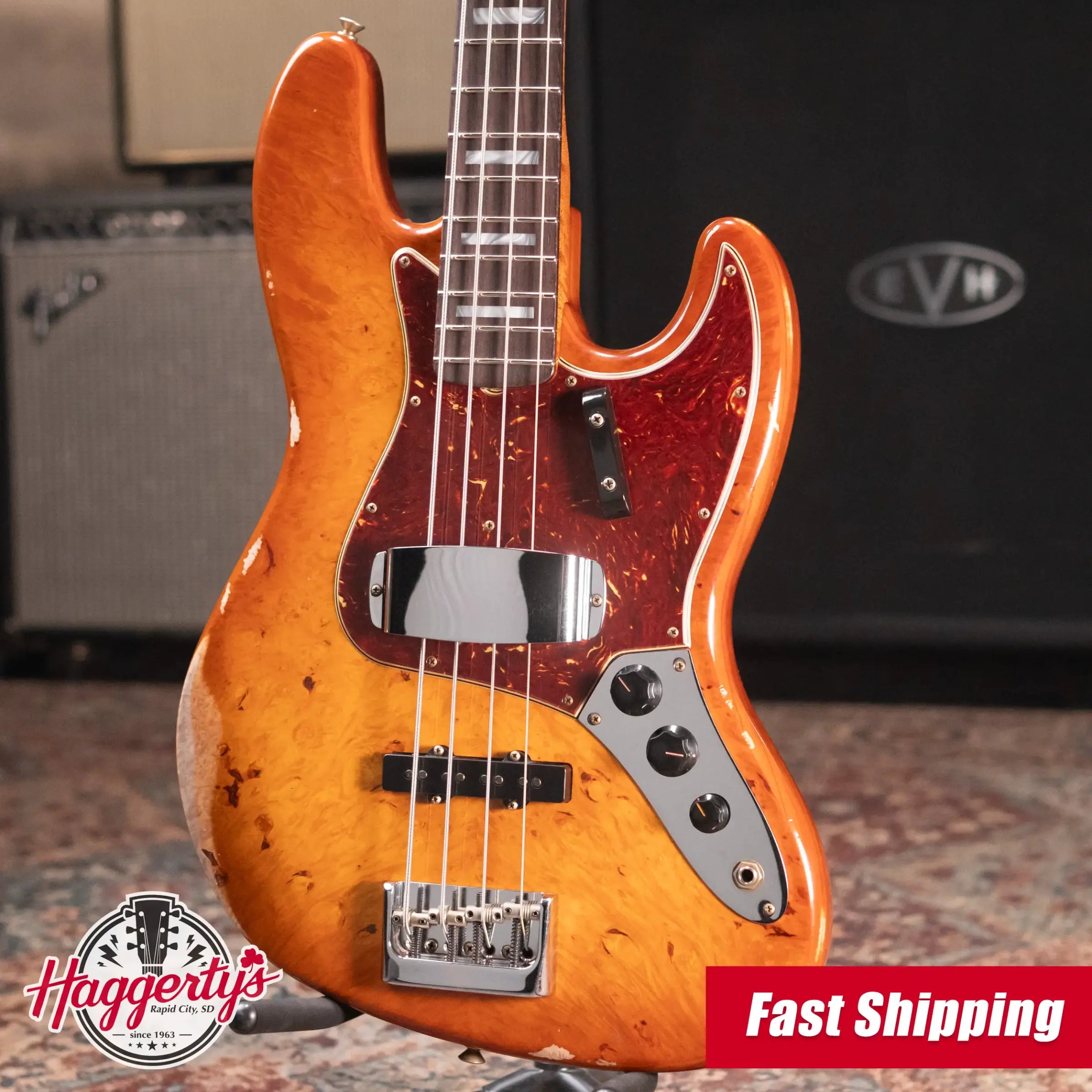 Fender Custom Shop Artisan Maple Burl Relic Jazz Bass - Honey Burst